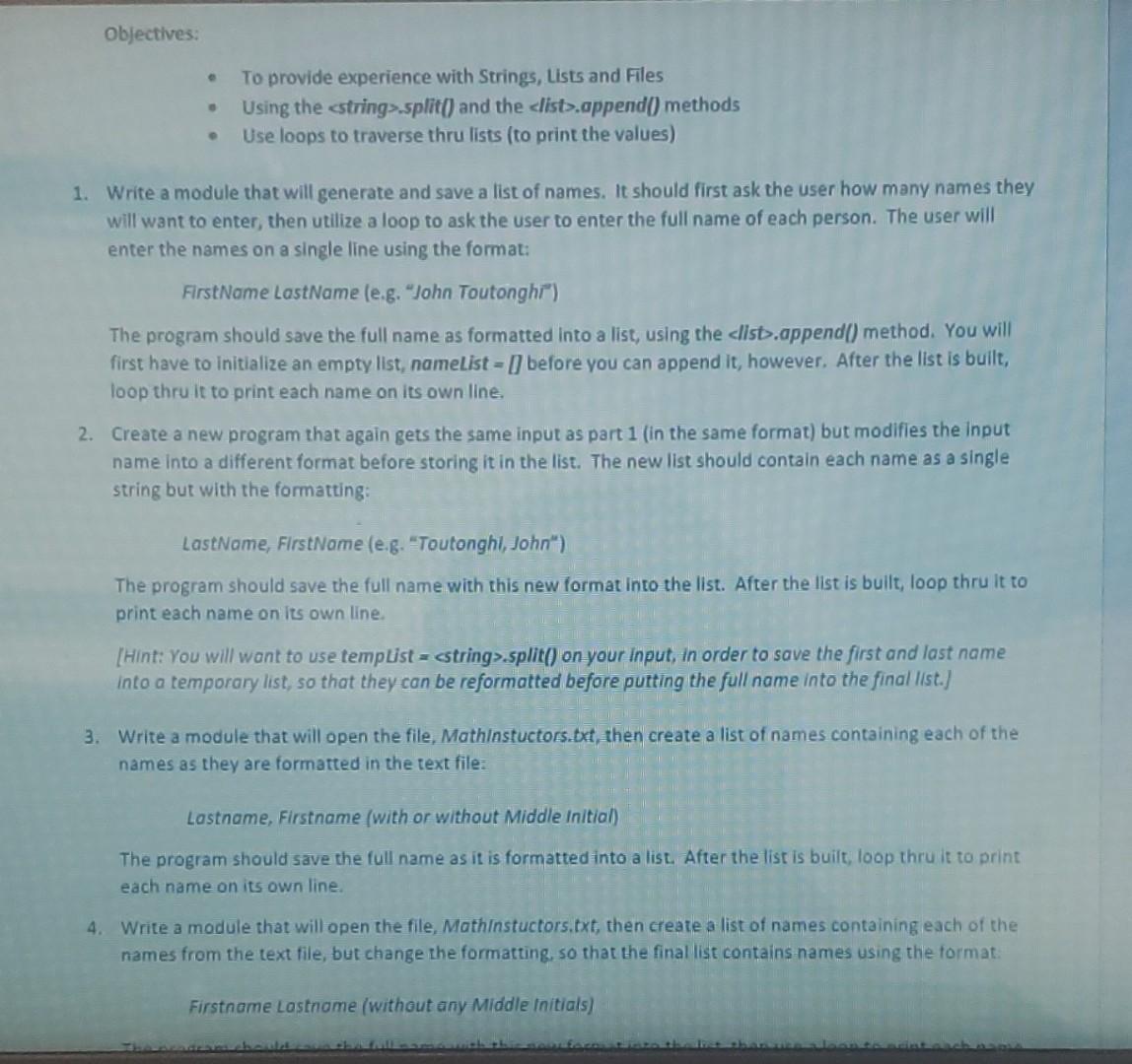 Solved Objectives: - To provide experience with Strings, | Chegg.com