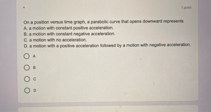 Solved 1 point On a position versus time graph, a parabolic | Chegg.com