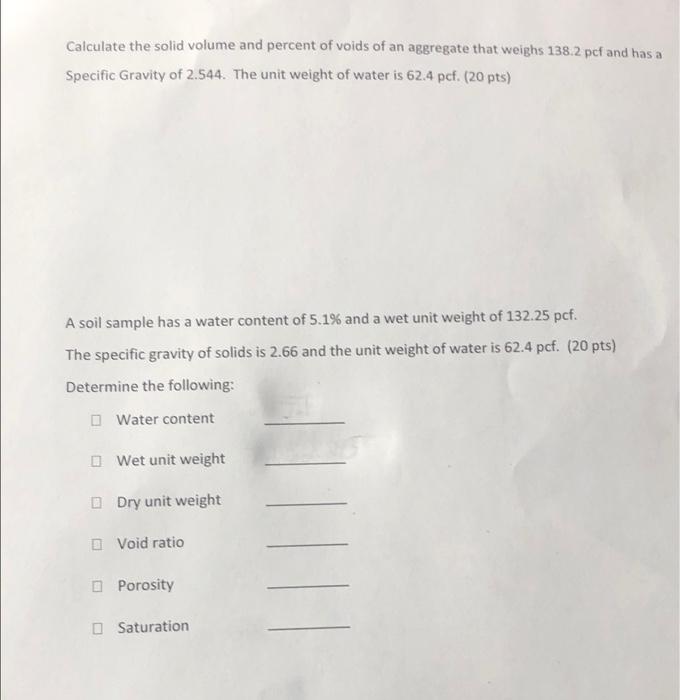 Solved Calculate the solid volume and percent of voids of an | Chegg.com