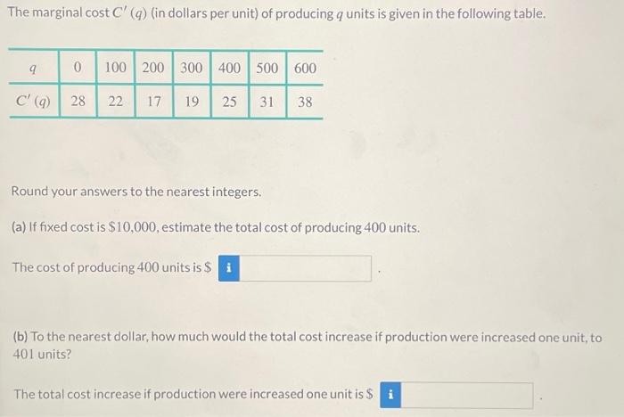 Solved The marginal cost C′(q) (in dollars per unit) of | Chegg.com