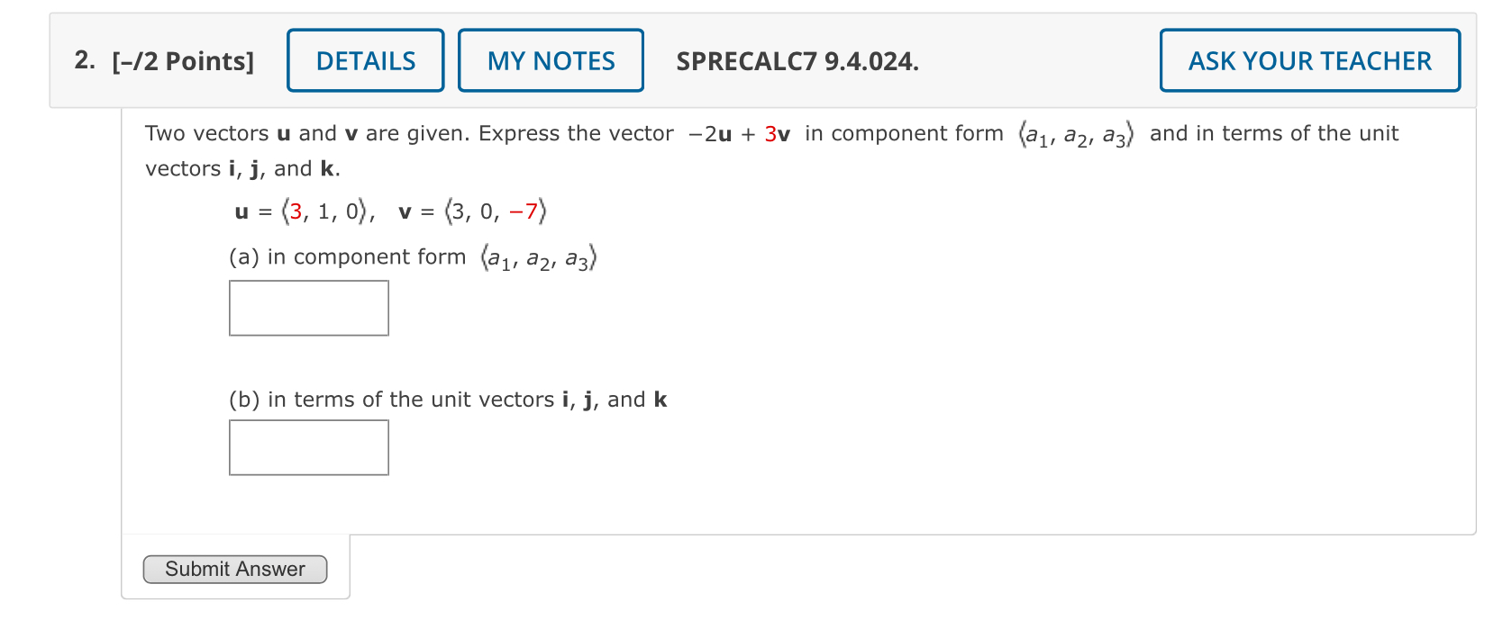 Solved Two vectors u ﻿and v ﻿are given. Express the vector | Chegg.com
