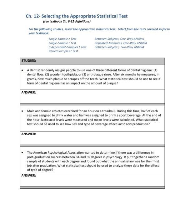 Solved Ch. 12-Selecting the Appropriate Statistical Test | Chegg.com