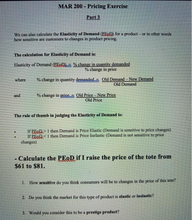 MAR 200 - Pricing Exercise Part 3 We can also | Chegg.com