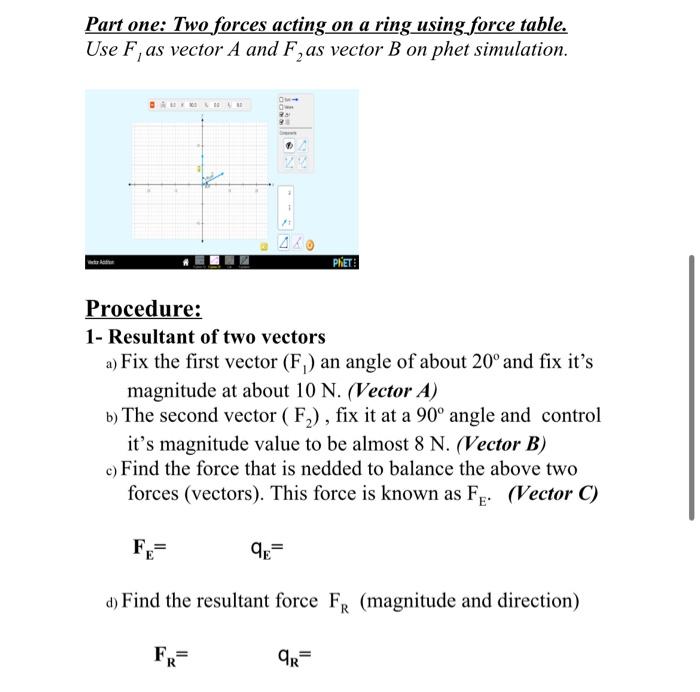 Solved Part one: Two forces acting on a ring using force | Chegg.com