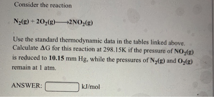 Solved Consider the reaction N2(g) + 2O2(g)-2NO2(g) Use the | Chegg.com