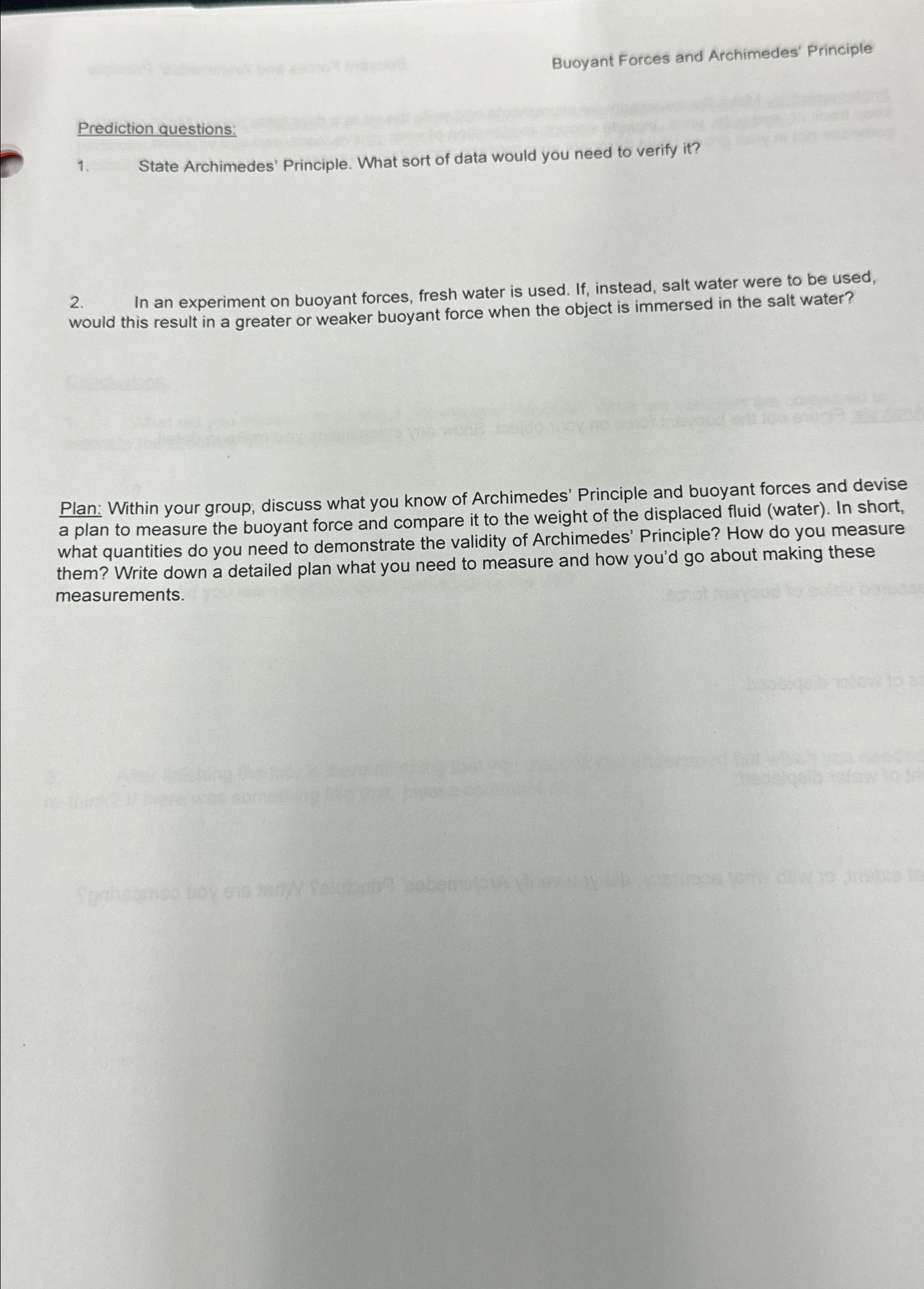 Solved Buoyant Forces and Archimedes' PrinciplePrediction | Chegg.com
