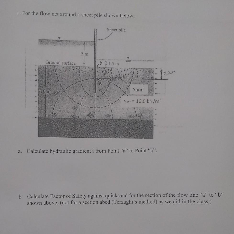 Solved 1. For the flow net around a sheet pile shown below, | Chegg.com