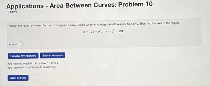 Solved Applications - Area Between Curves: Problem 10 (1 | Chegg.com