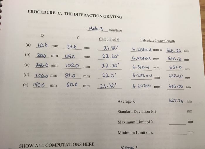 Solved PROCEDURE C. THE DIFFRACTION GRATING d LGle-mm/line D | Chegg.com