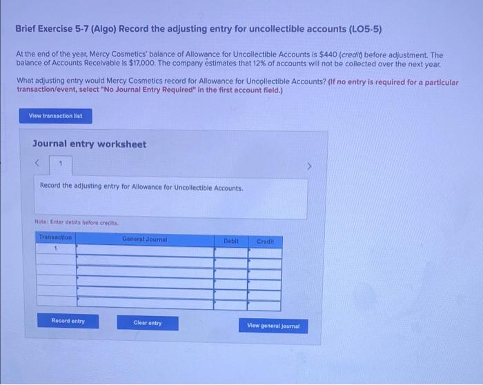 Solved Brief Exercise 5-7 (Algo) Record the adjusting entry | Chegg.com