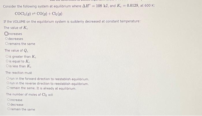 Solved Consider the following system at equilibrium where | Chegg.com