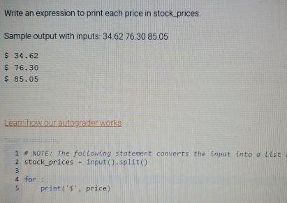 Solved Write an expression to print each price in | Chegg.com
