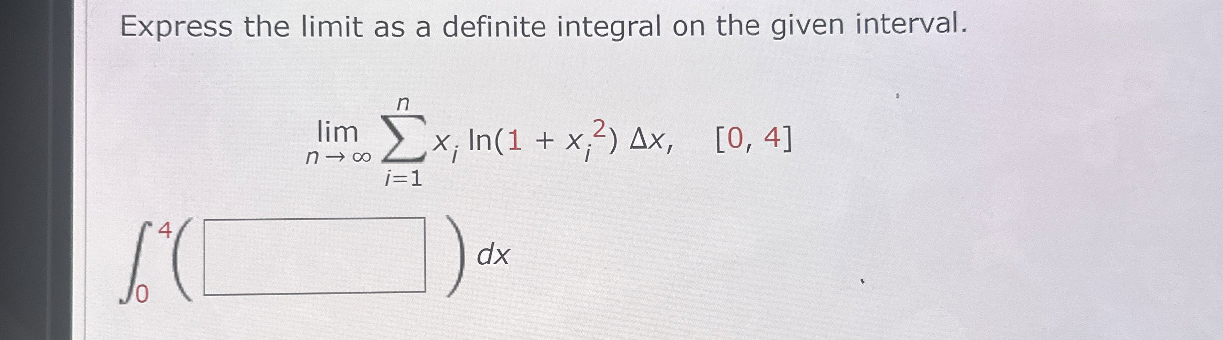 Solved Express the limit as a definite integral on the given | Chegg.com