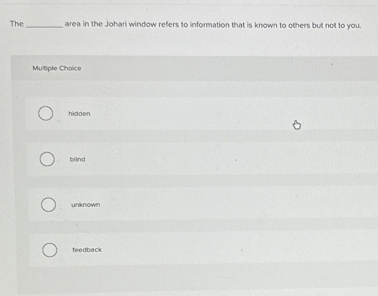 Solved The area in the Johari window refers to information | Chegg.com