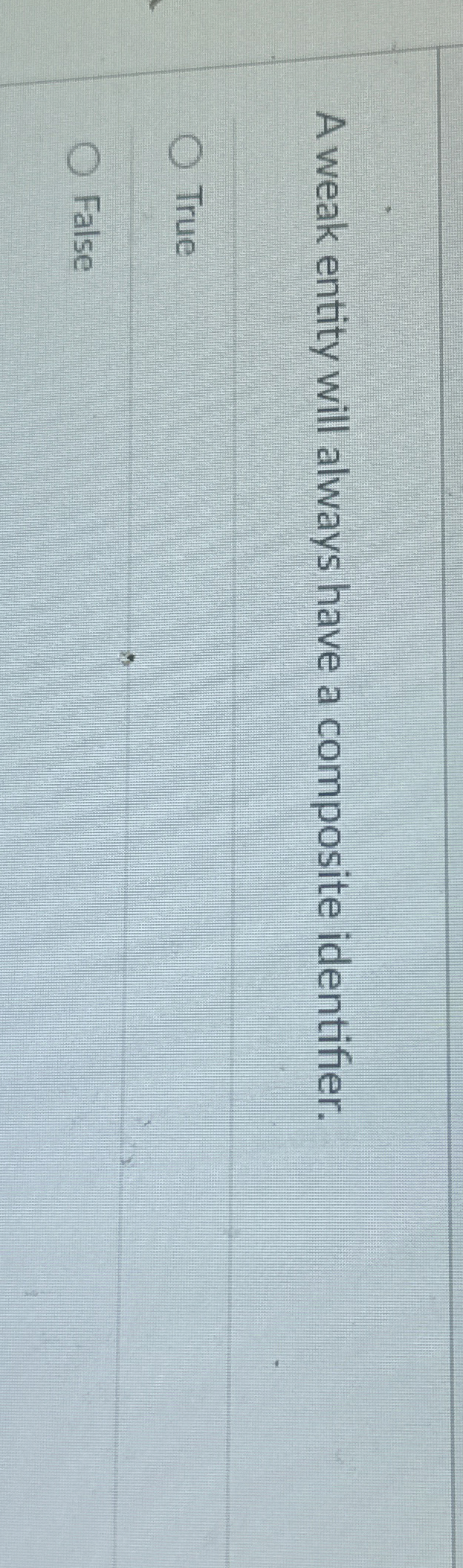 Solved A weak entity will always have a composite | Chegg.com