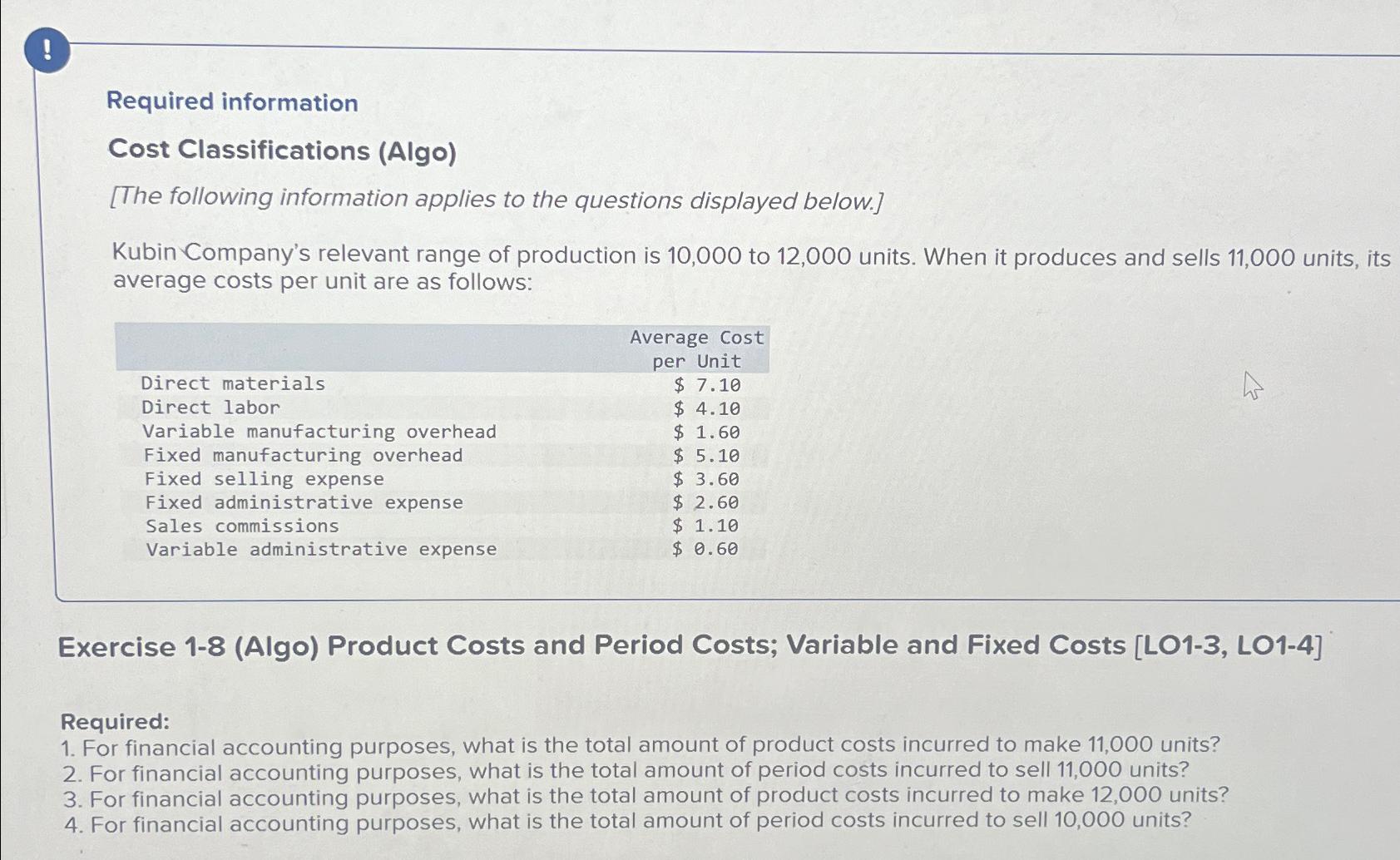 Solved !Required informationCost Classifications (Algo)[The | Chegg.com
