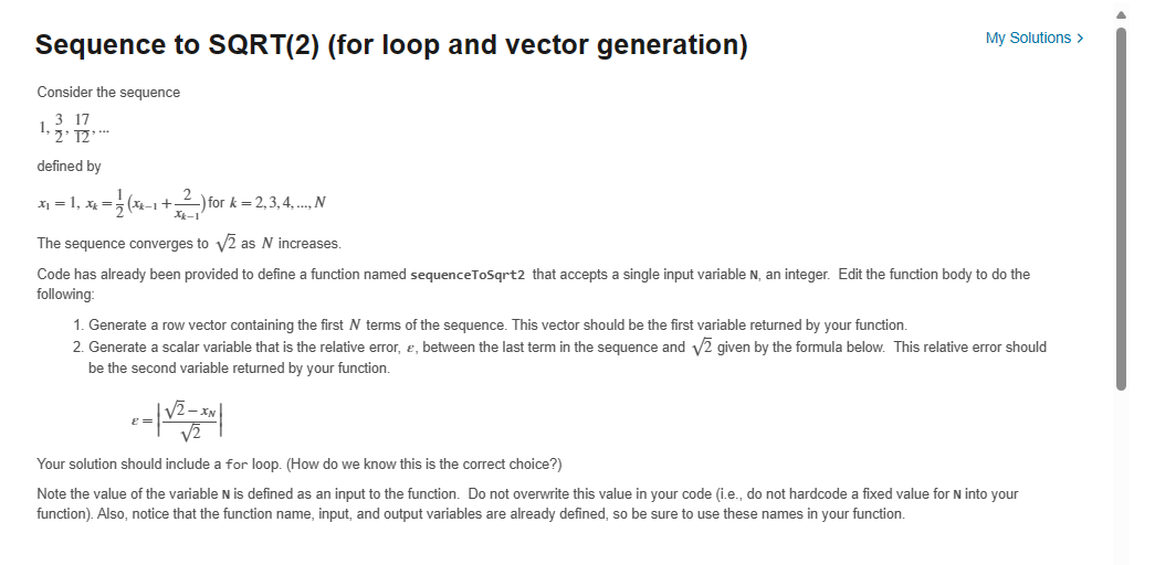 Solved Sequence to SQRT(2) (for loop and vector | Chegg.com