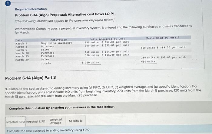Solved Required information Problem 6-1A (Algo) Perpetual: | Chegg.com
