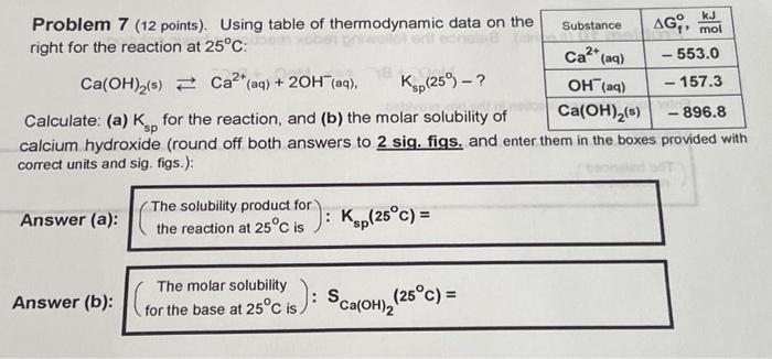 Solved Problem 7 (12 points). Using table of thermodynamic | Chegg.com