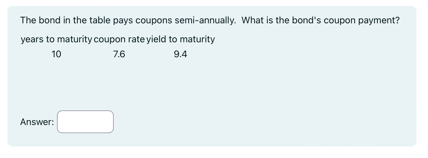 Solved The bond in the table pays coupons semi-annually. | Chegg.com