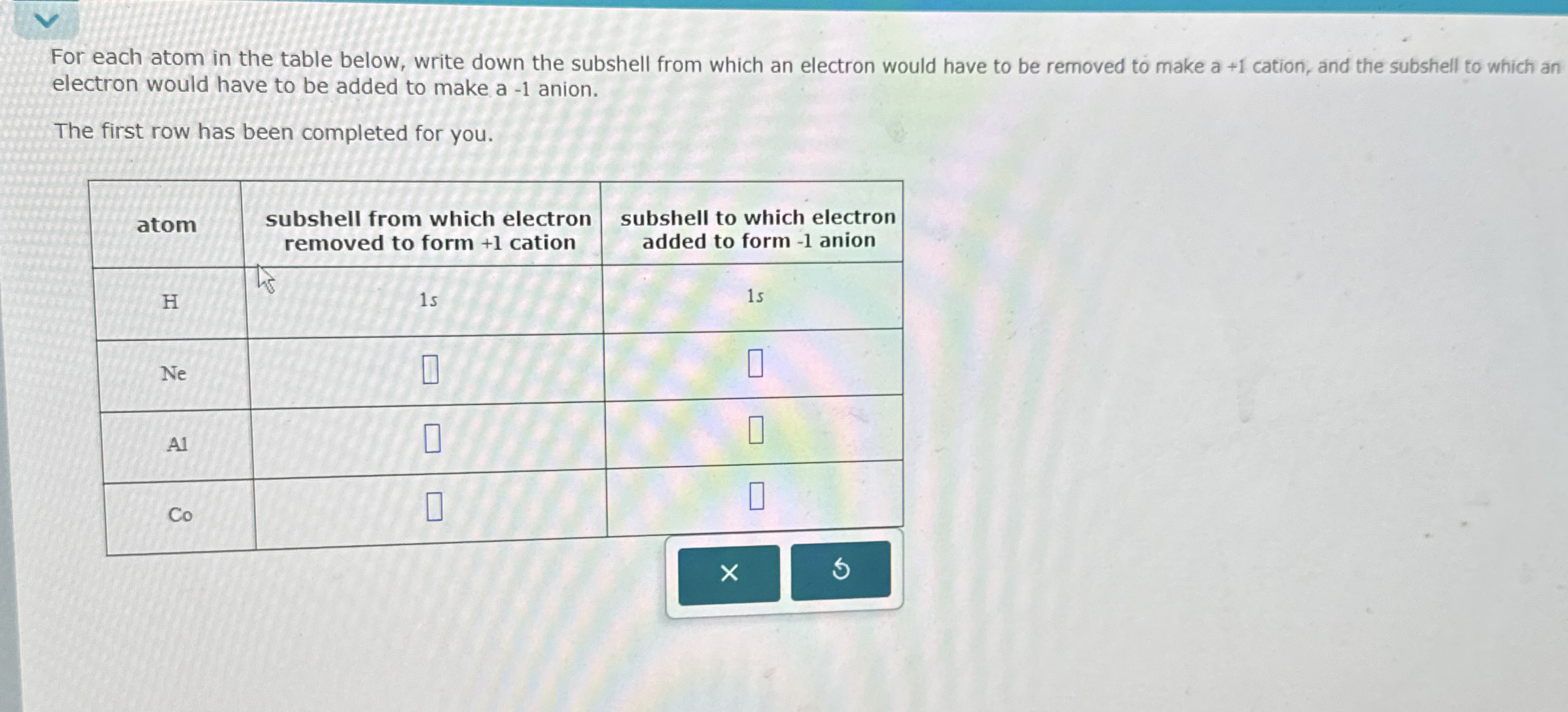 Solved For each atom in the table below, write down the | Chegg.com