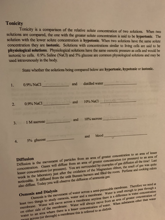 Solved Tonicity Tonicity is a comparison of the relative | Chegg.com
