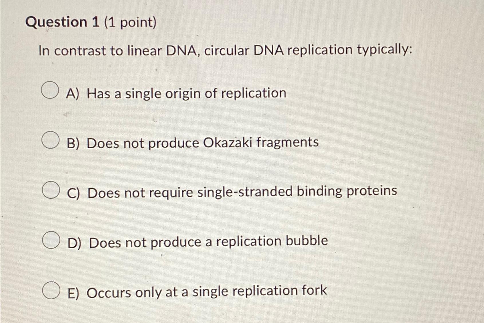 Solved Question 1 (1 ﻿point)In contrast to linear DNA, | Chegg.com