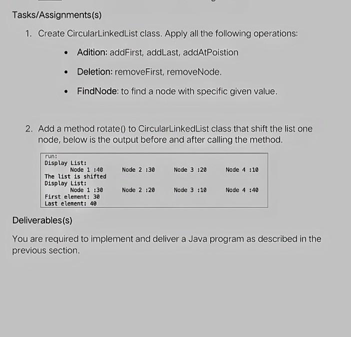 Solved Tasks/Assignments(s) 1. Create CircularLinkedList | Chegg.com