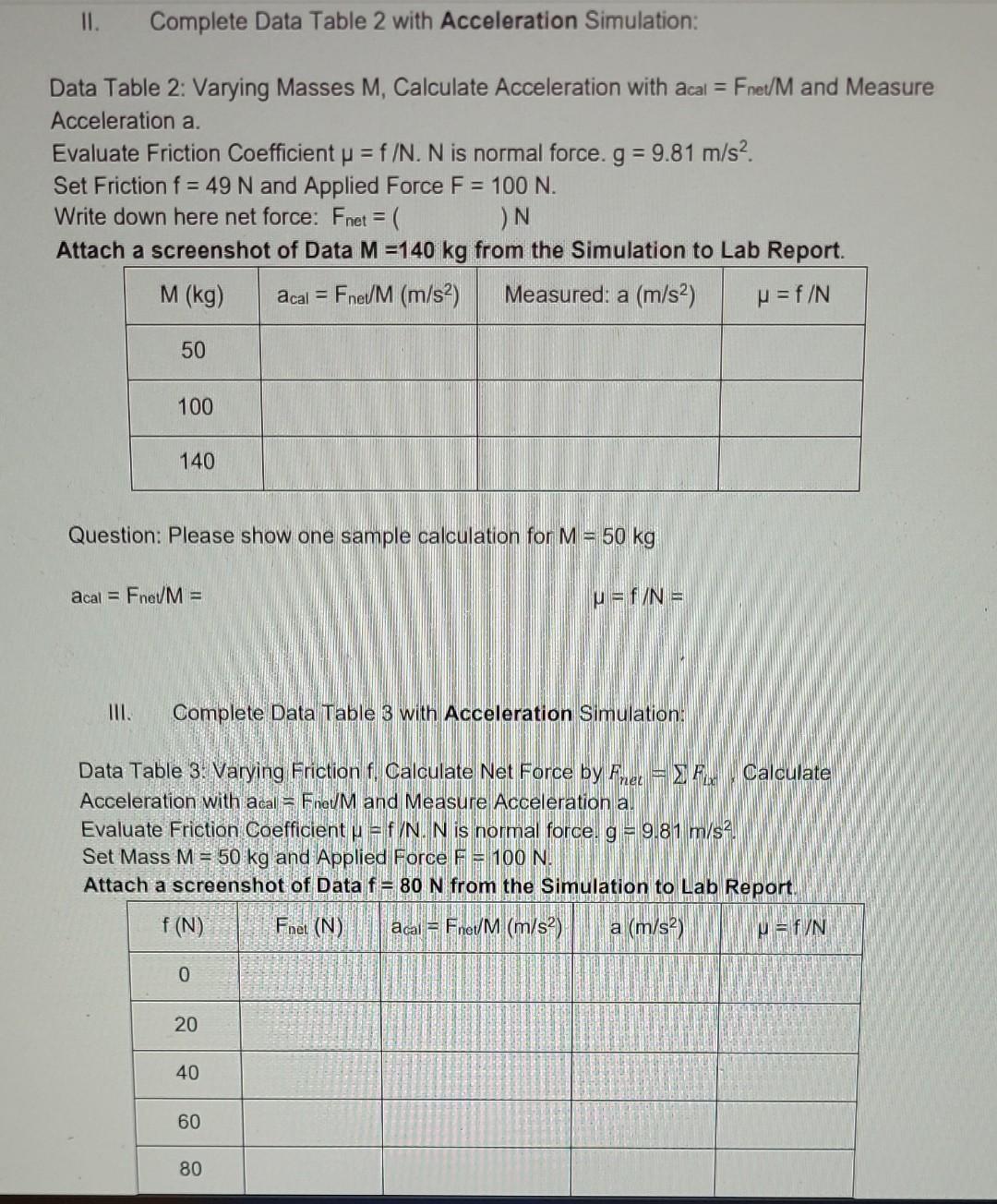 Solved Data Table 2: Varying Masses M, Calculate | Chegg.com