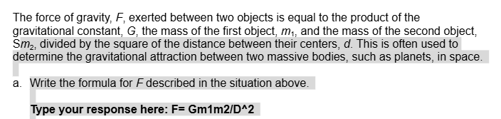 Solved The force of gravity, F, ﻿exerted between two objects | Chegg.com
