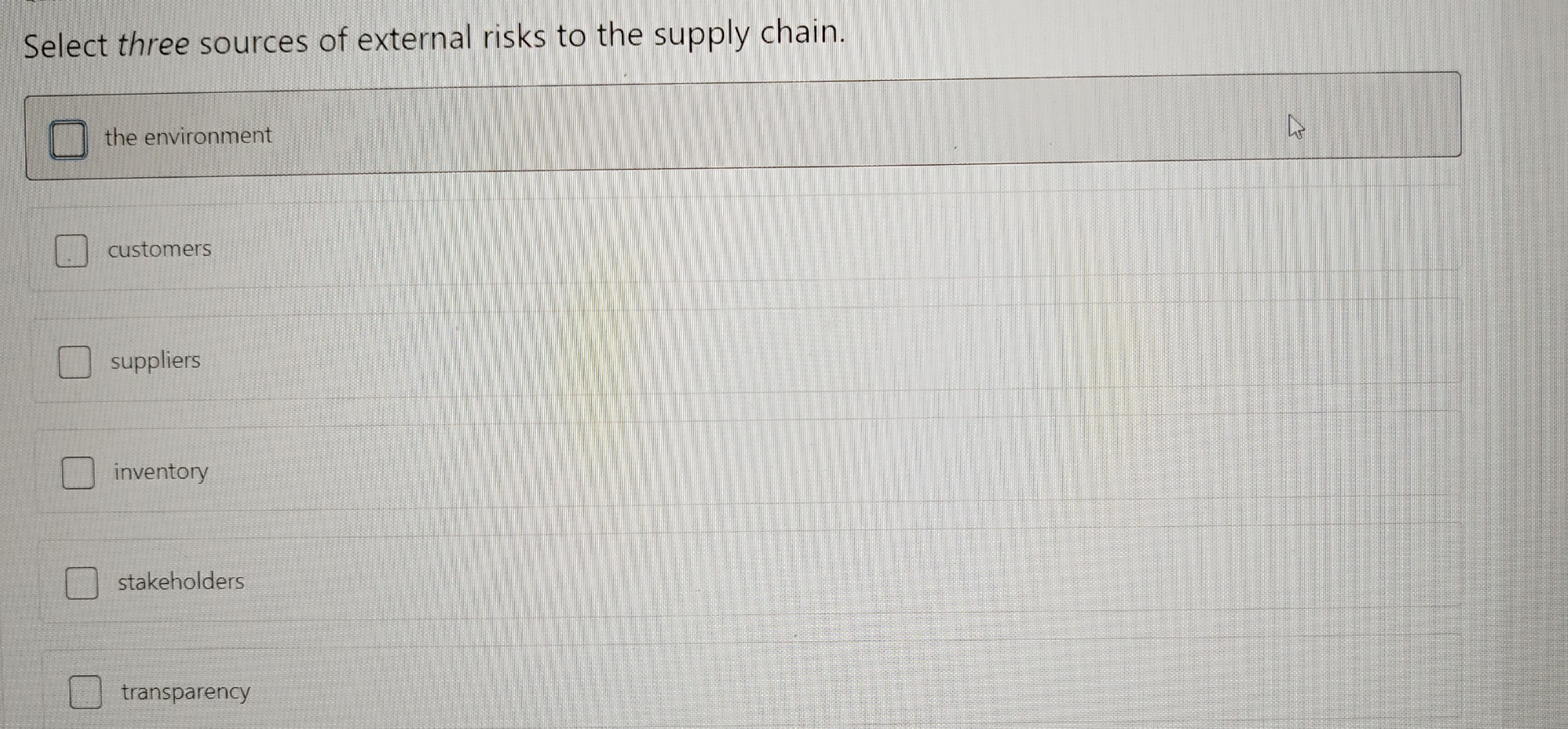 Solved Select three sources of external risks to the supply | Chegg.com