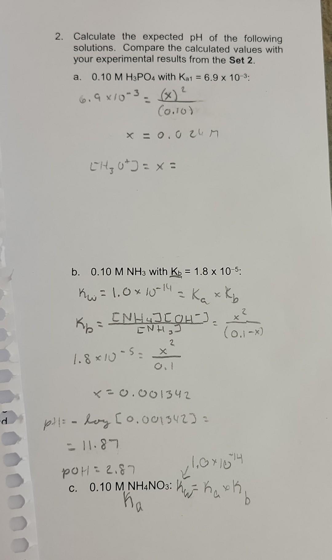 Solved Ph Data2 Calculate The Expected Ph Of The Following