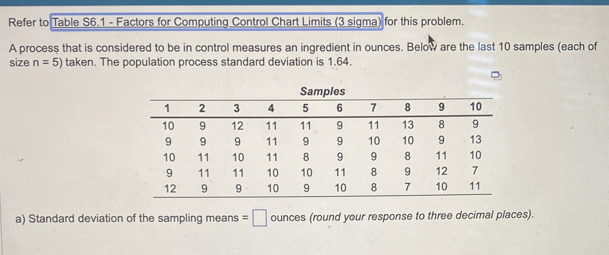 Solved Refer to Table S6.1 - ﻿Factors for Computing_Control | Chegg.com