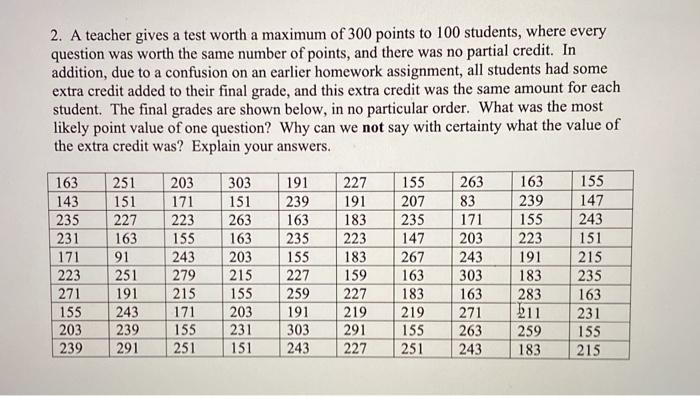 Solved 2. A teacher gives a test worth a maximum of 300 | Chegg.com
