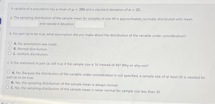 Solved A Variable Of A Population Has A Mean Of μ 200 And