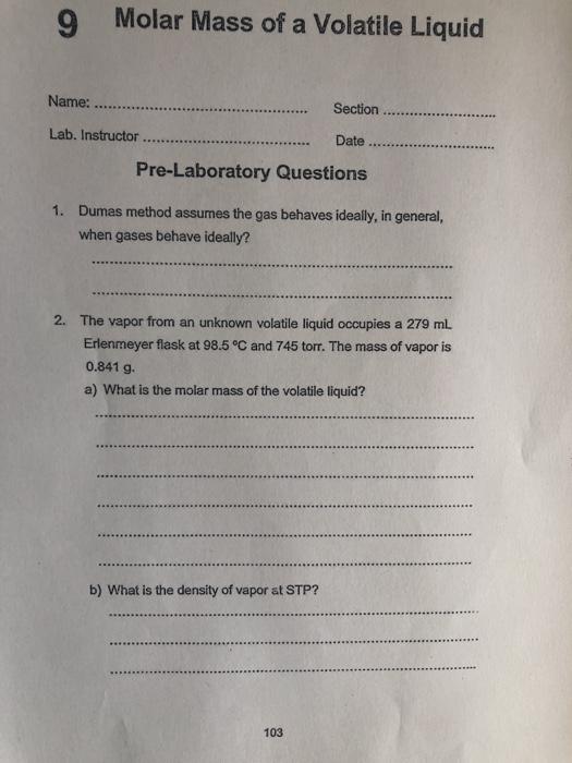 Solved 9 Molar Mass of a Volatile Liquid Name: Section Lab. | Chegg.com