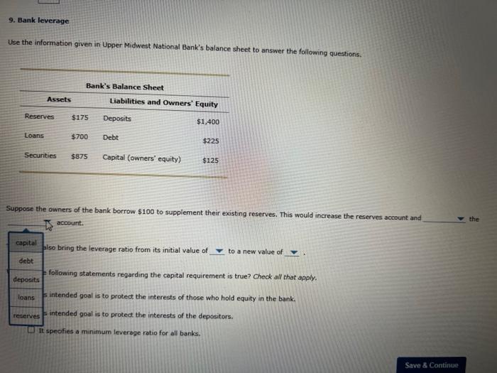 Solved 9. Bank leverage Use the information given in Upper | Chegg.com