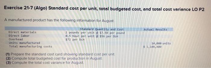 Solved Exercise 21-7 (Algo) Standard cost per unit, total | Chegg.com