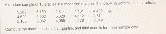Solved A random sample of 15 articles in a magazine revealed | Chegg.com