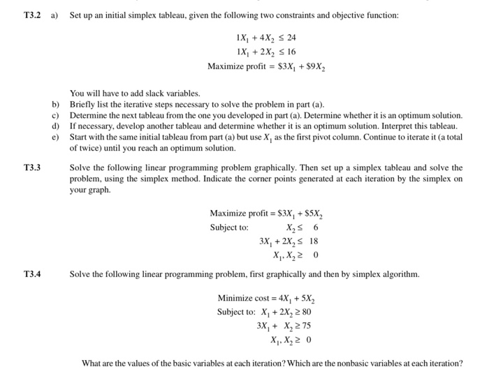 Solved T3.2 a) Set up an initial simplex tableau, given the | Chegg.com