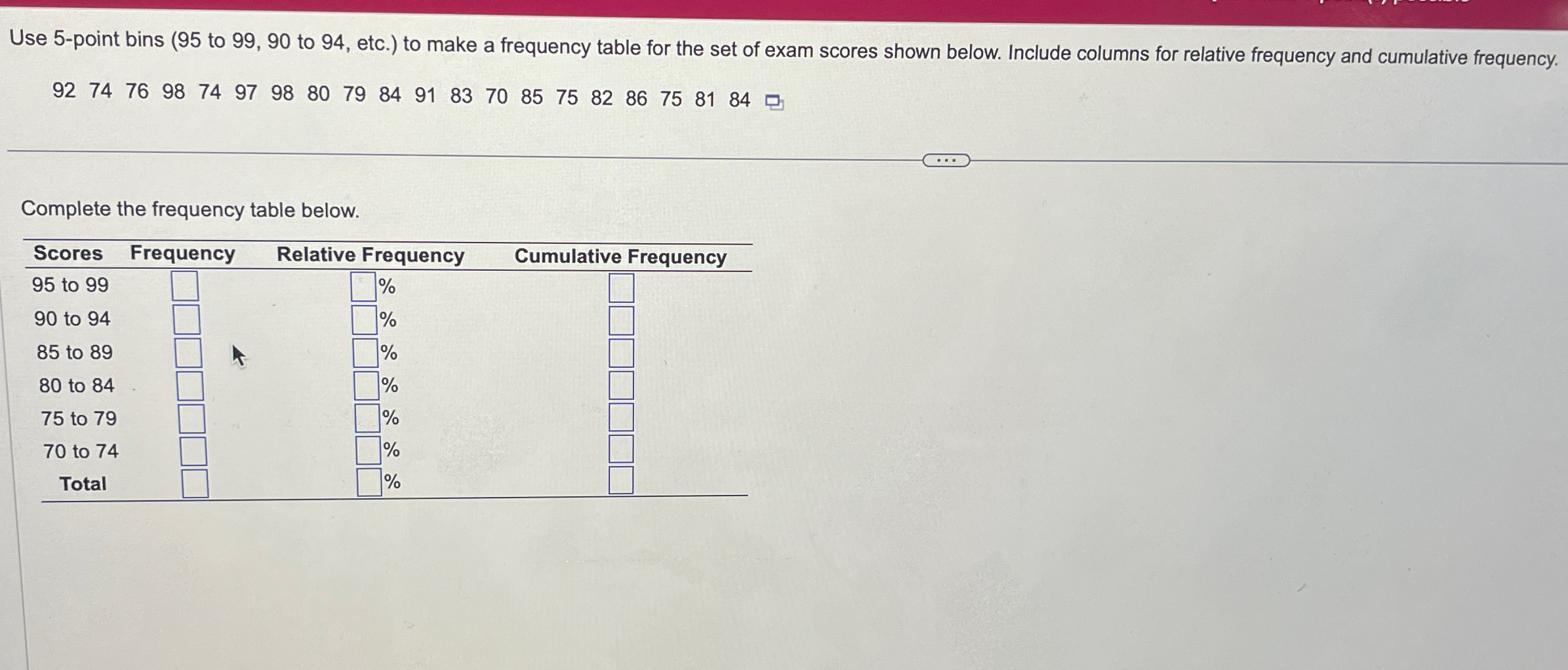 Solved Use 5 -point bins ( 95 ﻿to 99,90 ﻿to 94 , ﻿etc.) ﻿to | Chegg.com