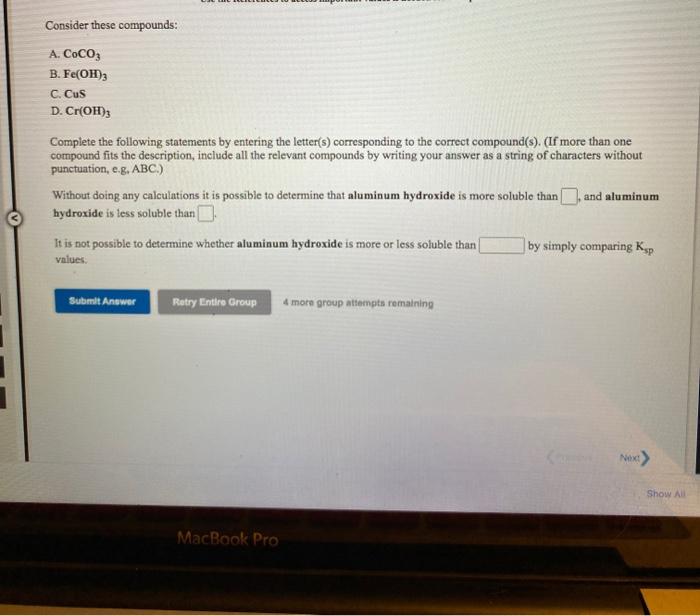 Solved Consider these compounds: A. COCO3 B. Fe(OH)3 C. Cus | Chegg.com