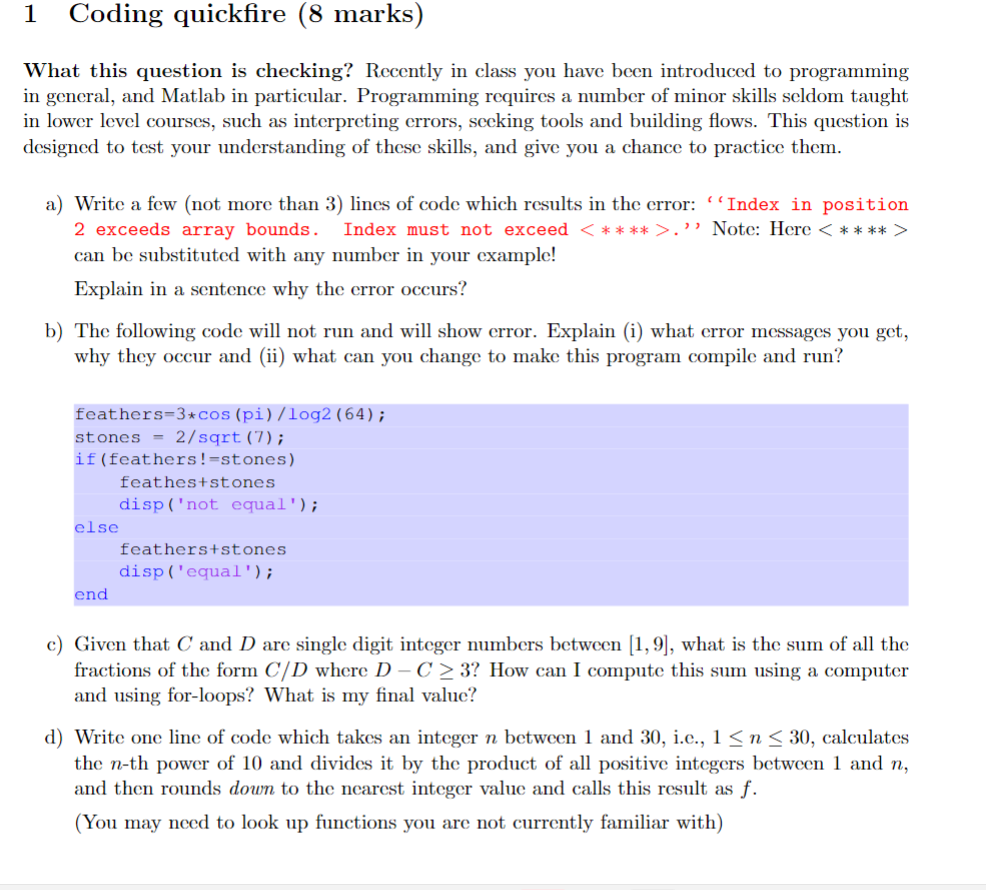 Solved 1 ﻿Coding quickfire (8 ﻿marks)What this question is | Chegg.com
