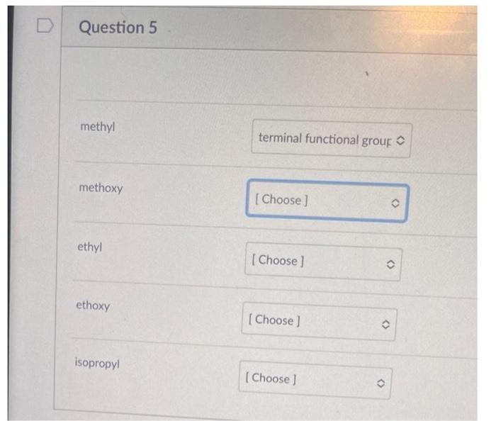 Solved Question 5 methyl terminal functional group methoxy | Chegg.com