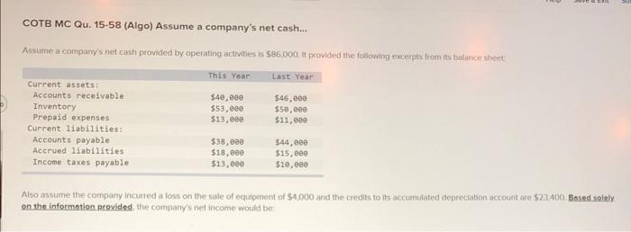 Solved COTB MC Qu. 15-58 (Algo) Assume a company's net | Chegg.com