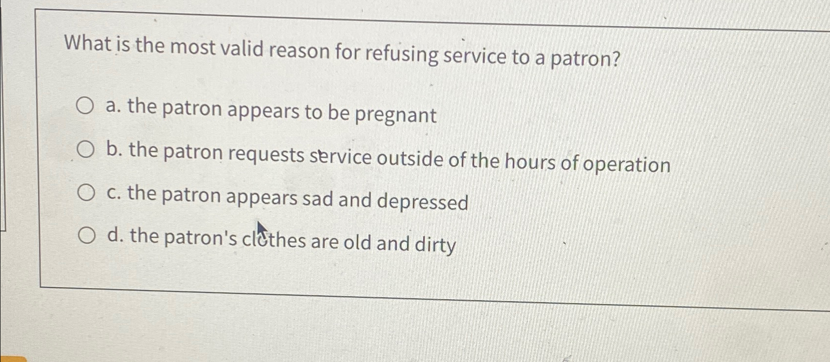 Solved What is the most valid reason for refusing service to | Chegg.com