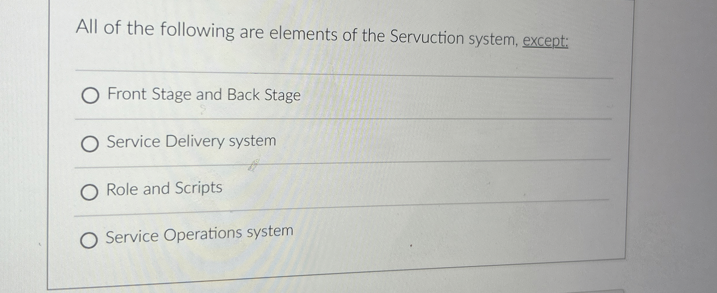 Solved All of the following are elements of the Servuction | Chegg.com