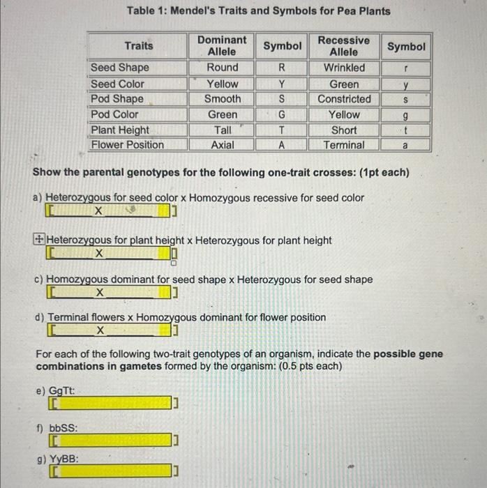Solved Table 1: Mendel's Traits and Symbols for Pea Plants | Chegg.com