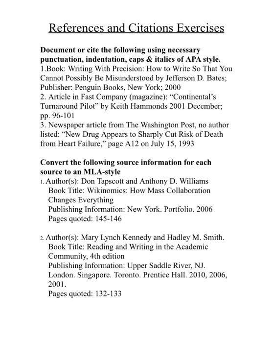 Solved References and Citations Exercises Document or cite | Chegg.com
