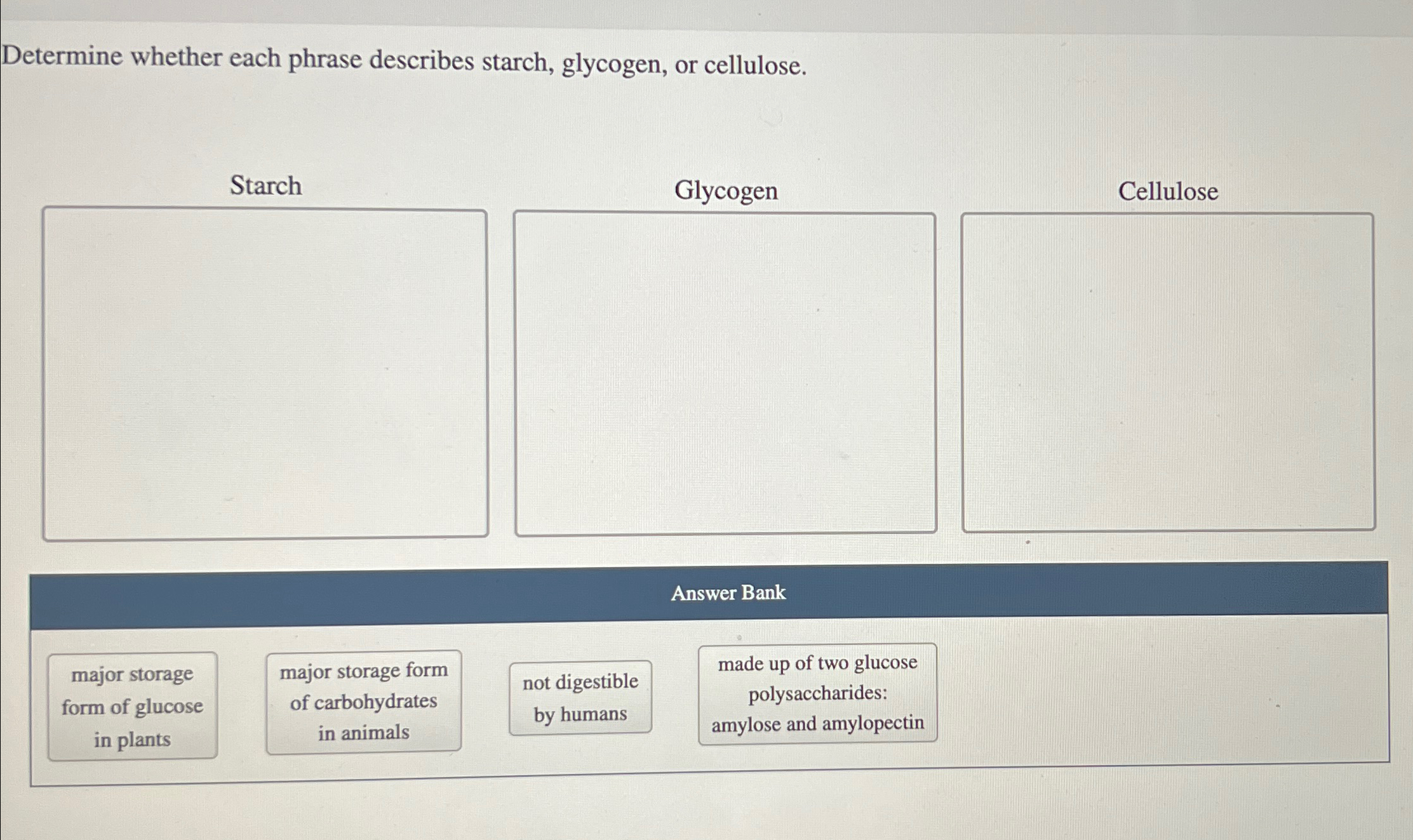 Solved Determine whether each phrase describes starch, | Chegg.com